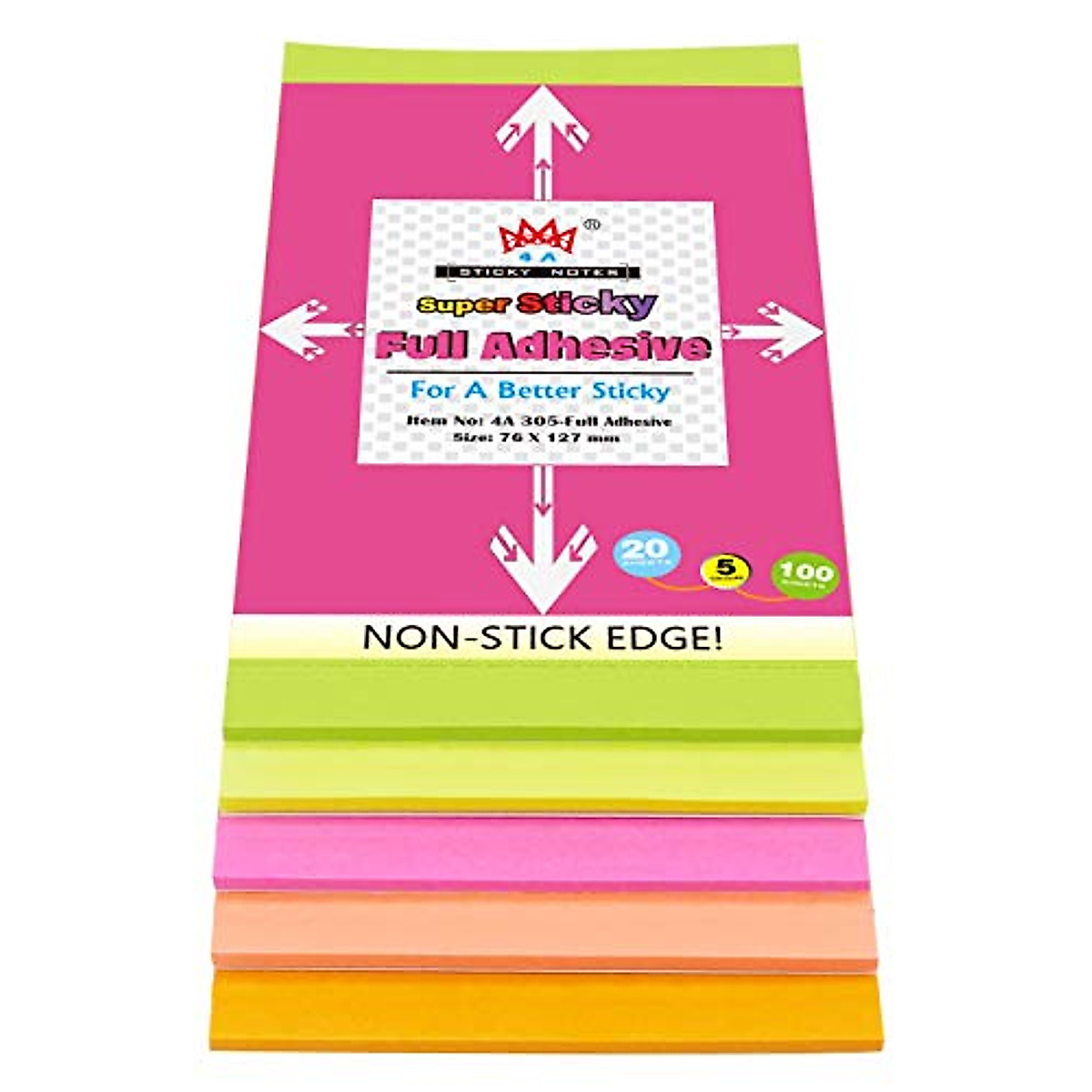 4A Sticky Full Adhesive Notes,5 1/3 x 3 Inches,20 Sheets/Color,5 Colors/Pack,Self-Stick Notes,100 Sheets Total,4A 305 Full Glue
