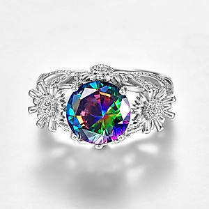 Narica Silver Plated Round Cut Created Rainbow Topaz CZ Cubic Zirconia Filled Eternity Halo Cocktail Wedding Engagement Dainty Sunflower Band Elegant Women's Flower Ring for Mom Bridal Lover 10#