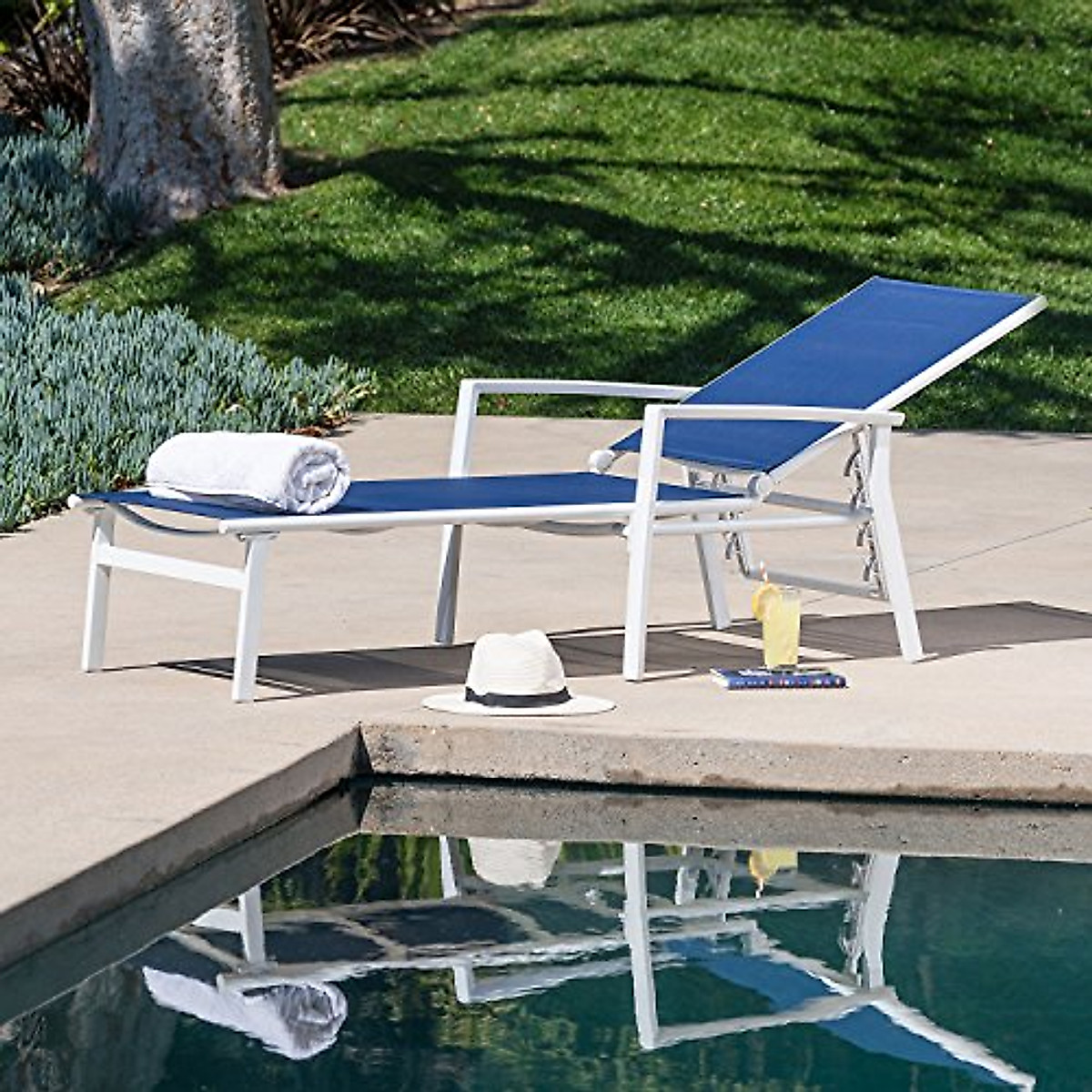 Hanover Blue Naples Outdoor Folding Chaise Adjustable Backrest | Patio and Poolside Lounging Chair | UV and Weather-Resistant Sling Fabric | NAPLESCHS-W-NVY, 1 Piece, White/Navy