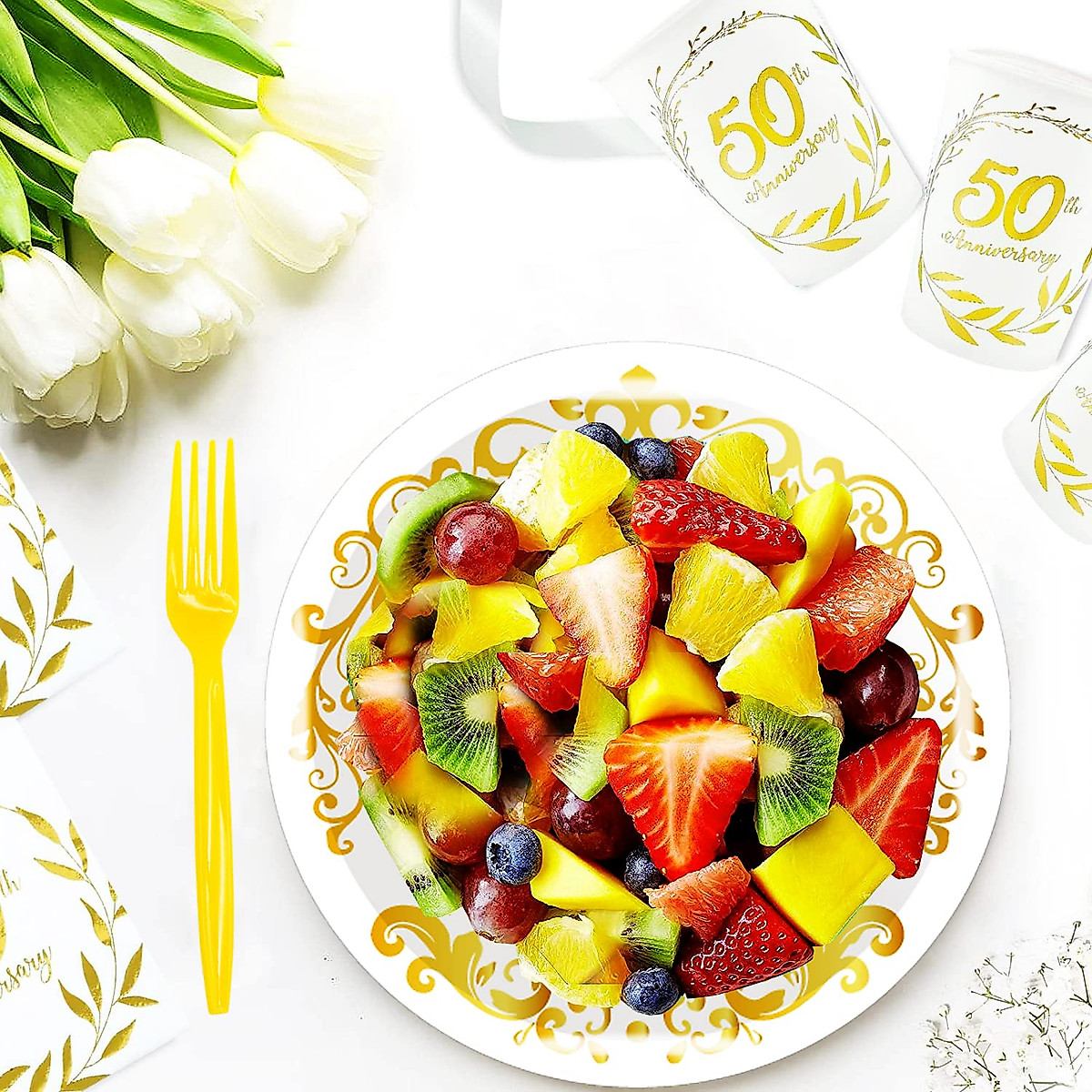 75 Pcs 50th Anniversary Wedding Party Supplies,50th Anniversary Wedding Party Tableware Set 7" 50 Years Golden Paper Plates Fork Fifty Anniversary Party Decorations 50th Brithday Party Decorations