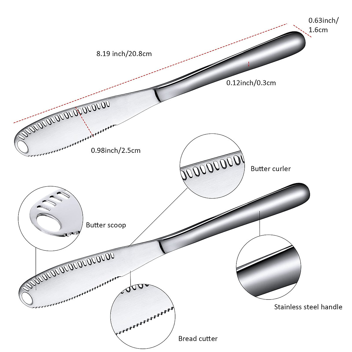 3 Pack Stainless Steel Butter Spreader Knife, 3 in 1 Kitchen Gadgets, Curler, Butter Grater, Multi-Function Butter Spreader and Grater with Serrated Edge, Shredding Vegetables Fruits
