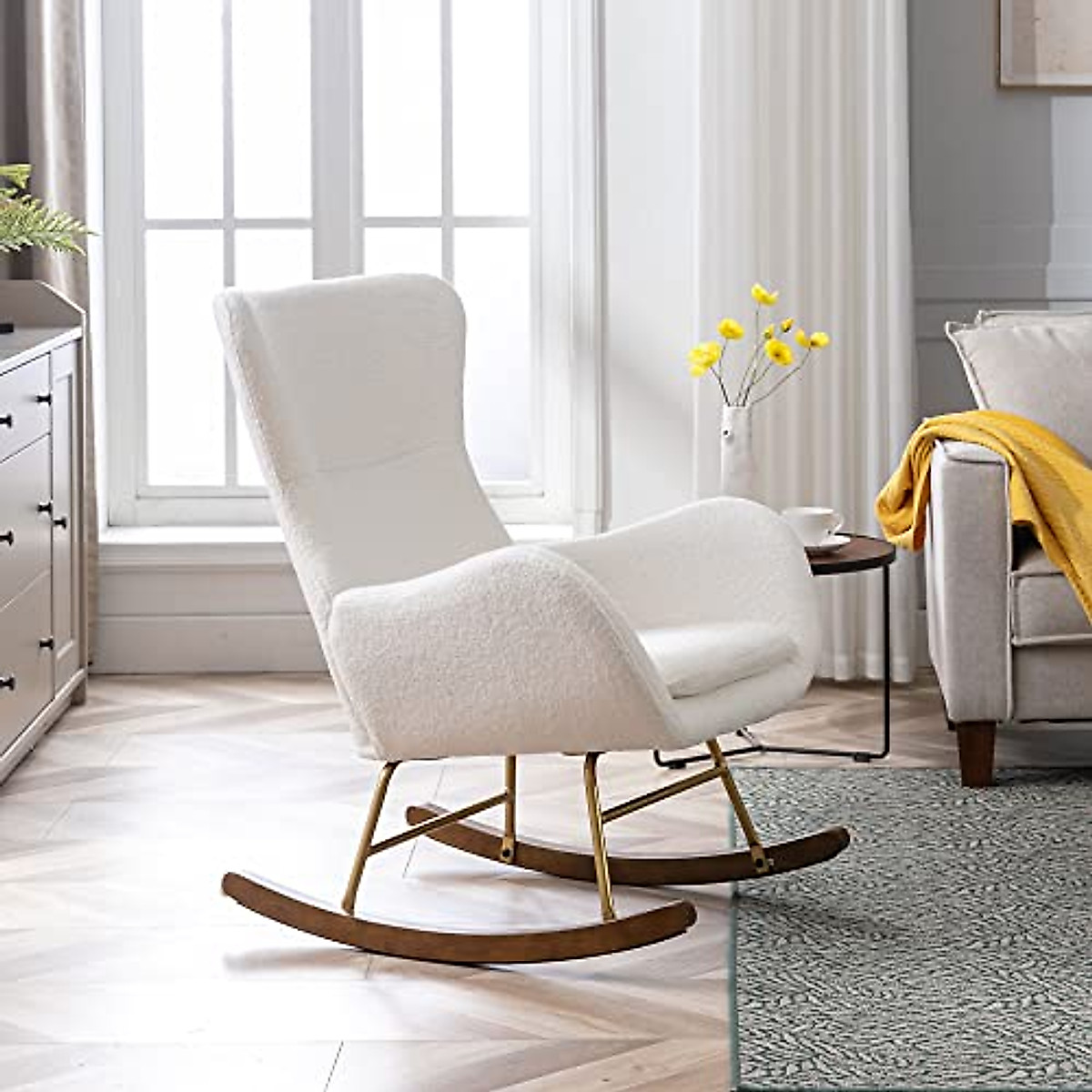 DM Furniture Sherpa Rocking Accent Chair Upholstered Nursery Glider Rocker for Baby Nursing Comfy Lounge Chair with Gold Legs for Living Room Bedroom, White