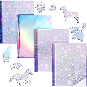 24 Sheets Holographic Sticker Paper Vinyl Printable Sticker Paper Transparent Holographic Self Adhesive Sticker Holographic Rainbow Waterproof Film for Stickers, A4 Size, 8.25 x 11.7 Inches