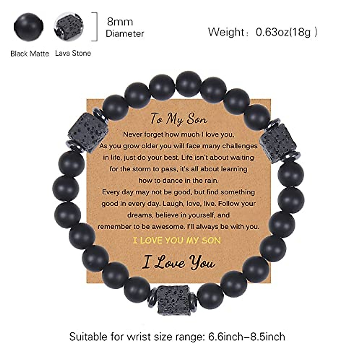 To My Son Bracelet, Mother/Dad and Son Forever Linked Together Mens Natural Beaded Link Bracelet, Handmade Black Agate and Tiger's Eye Stone Bracelets for Son from Mom, Bar Mitzvah Graduation Birthday gifts (lova stone)