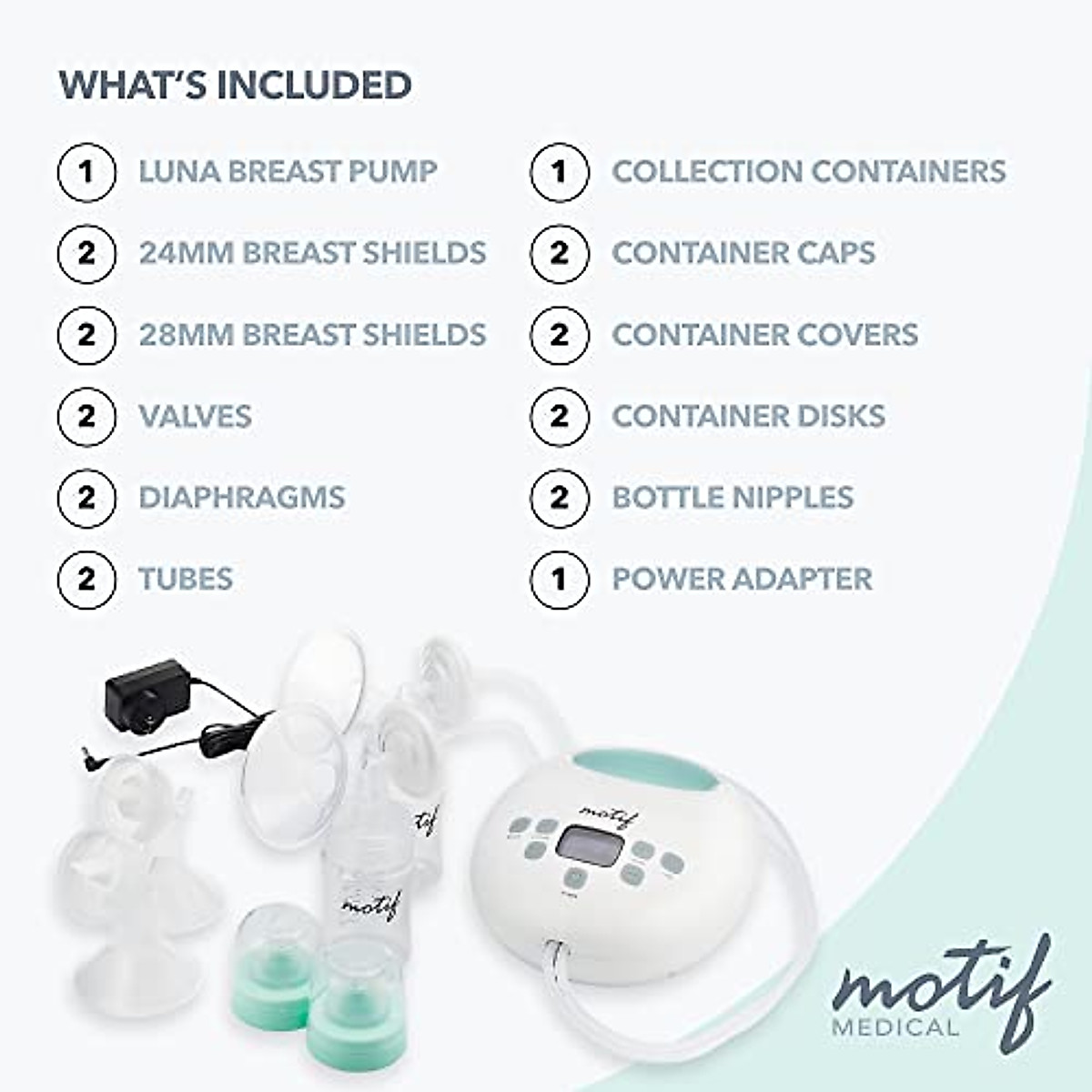 Motif Medical Luna Double Electric Breast Pump - Easy to Use, Quiet Motor, Built-in LED Night Light - Outlet Required