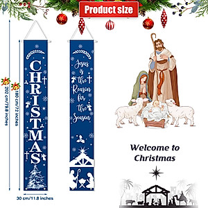 BBTO Pcs Christmas Nativity Scene Porch Sign Jesus Is The Reason for Season Banner Religious Holy Door Xmas Hanging Decorations Home Front 1BBTO x 7BBTO Inch, blue, white