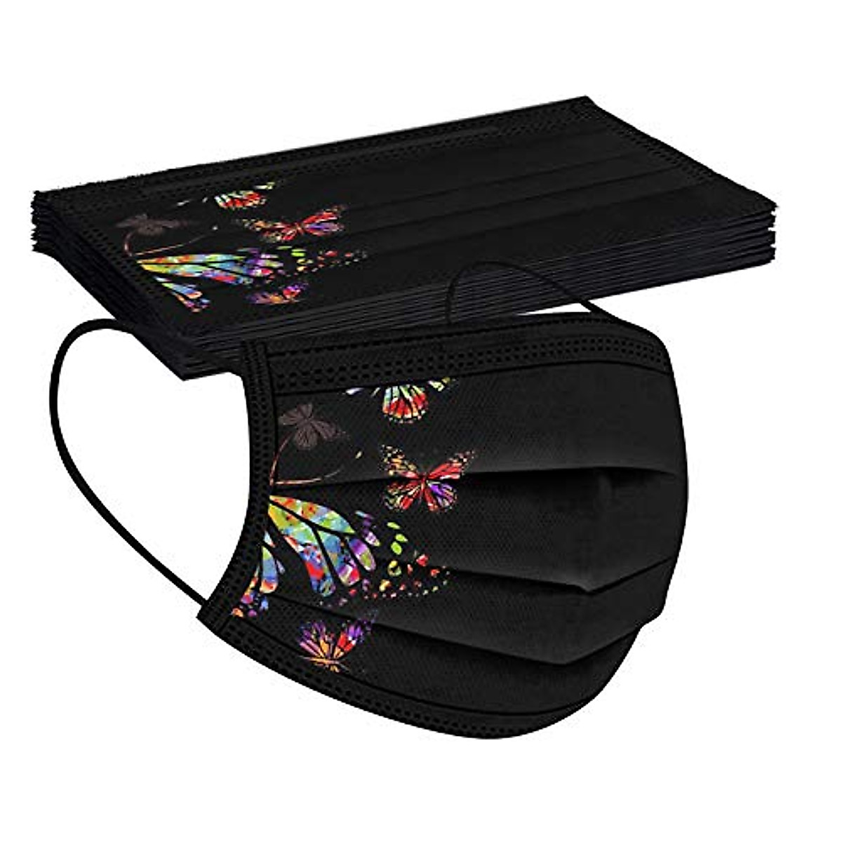 50Pcs Black Disposable Face_mask with Designs for Women Men Adults Cute Colorful Butterfly Printed Paper Face_mask