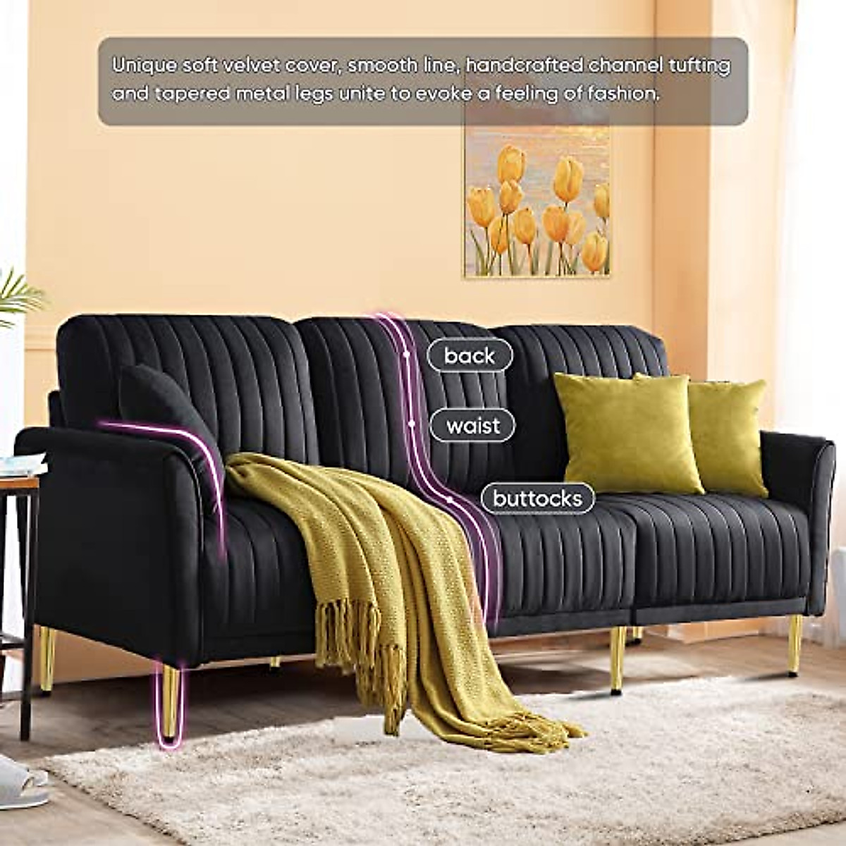 GEEVIVO 3 Seater Sofa for Living Room, Modern Velvet Upholstered Sofa Couches with Removable Tufted Back and Pillows Sofa with Metal Legs, Decor Furniture for Bedroom, Office, Apartment (Black)