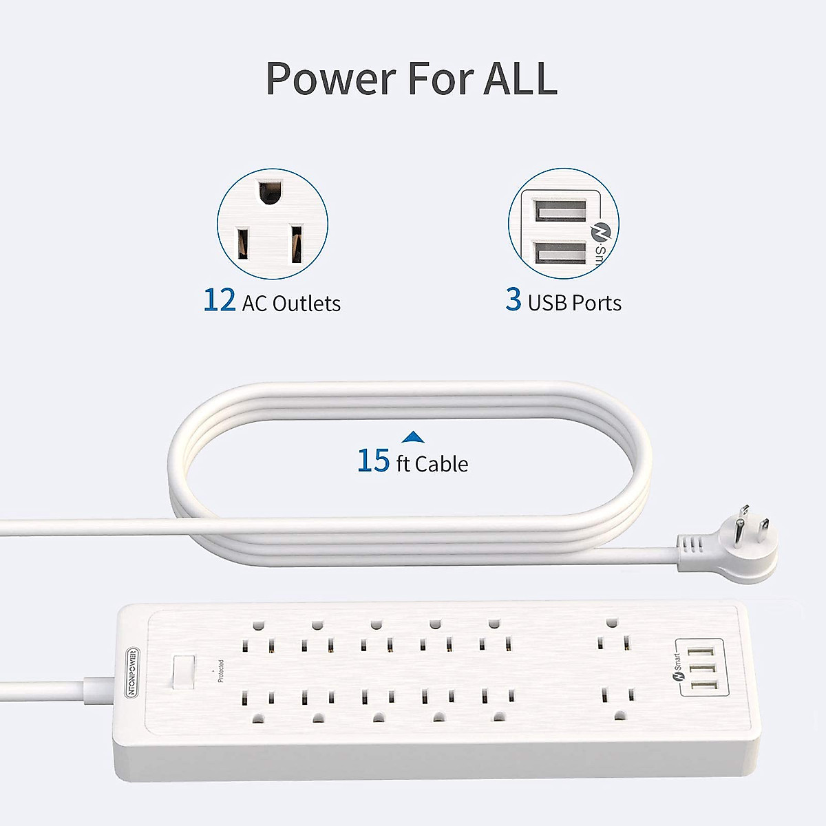Extra Long Surge Protector Power Strip with USB Ports, NTONPOWER Power Strip with 12 Outlet(2 Widely Space), 15Ft/25Ft Long Extension Cord, Flat Plug Power Strip, Wall Mountable for Home Office, White