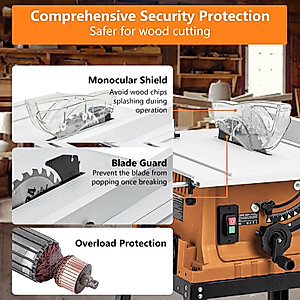 10inch Table Saw, 15A & 5000RPM Portable Table Saw with Stand & Safety Switch, Push Stick, 90°Cross Cut & 0-45°Cutting, Multifunctional Table Saw for Woodworking, DIY Working, Orange