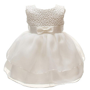 Meiqiduo Baby Girls Dresses Christening Wedding Pageant Bow Formal Dress Ivory White (6M/6-12months)