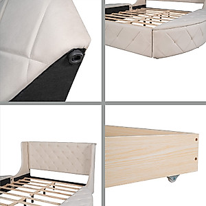 Velvet Upholstered Queen Platform Bed with Storage, Queen Size Bed Frame with Headboard, 1 Big Drawer and 2 Side Storage Stool, Strong Wooden Slats/Easy Assembly/Beige