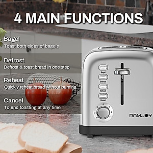RAMJOY Toaster 2 Slice, Extra-Wide Slot Toasters for Bagels, Bread, Waffles, 7 Shade Settings, 4 Main Functions, Removable Crumb Tray, 900 Watts, Brushed Stainless Steel