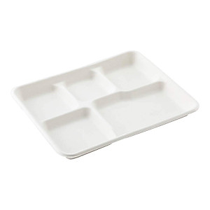 Restaurantware Pulp Tek Ounce Bagasse Plates 100 Rectangular Disposable Plates - Lids Sold Separately 5 Compartments White Bagasse Plates Sturdy Microwavable For Salads Or More