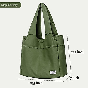 KYALOU Utility Large Canvas Tote Bag with Pockets, Women Casual Shoulder Bags with 13 Exterior & Interior Pockets for Work Gym Beach Travel Shopping Grocery (Green)
