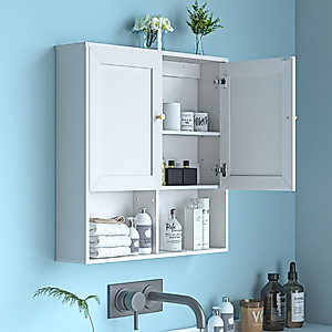 Azheruol Bathroom Wall Cabinet, Medicine Cabinet with 2 Door and Adjustable Shelves,3-Tier Wood Hanging Storage Over The Toilet,White Wall Mounted Cabinet for Bathroom, Kitchen,Laundry Room