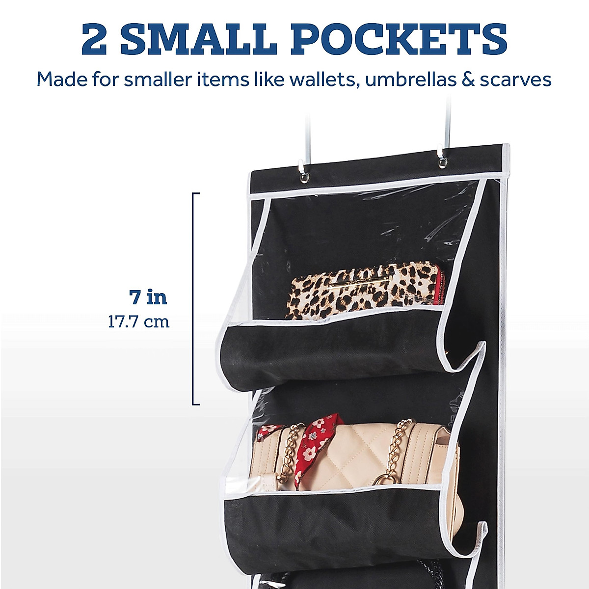 ZOBER Purse Organizer For Closet - Over The Door Purse Organizer W/ 6 Pockets for Easy Purse Storage - Durable Metal Hooks - Purse Rack W/Clear Pockets - Black (2 Pack)