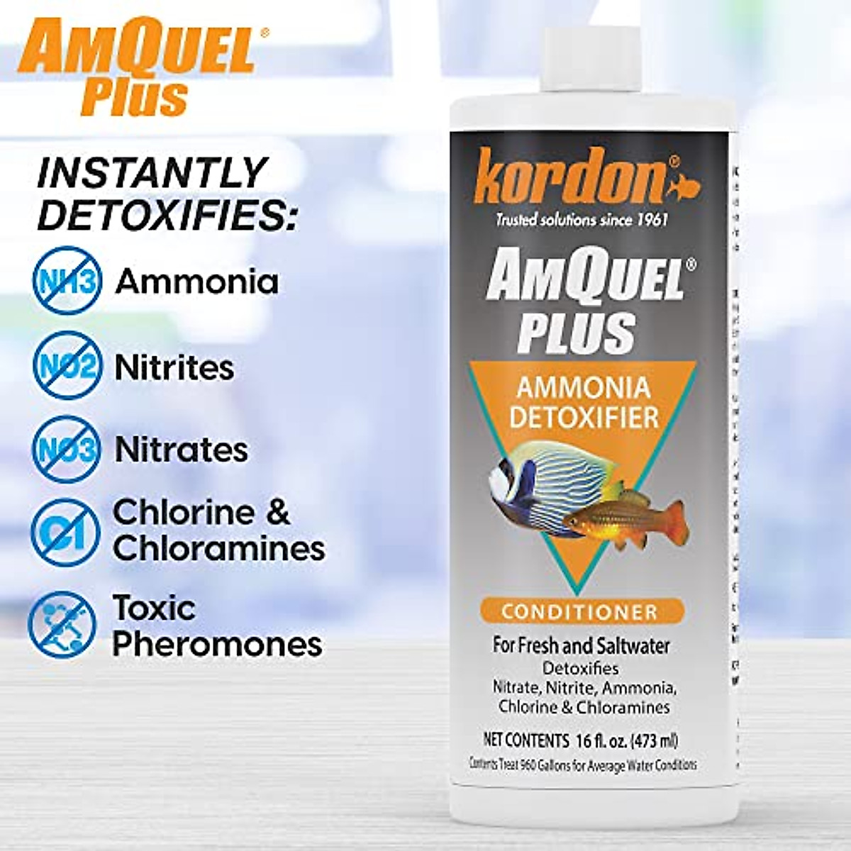 Kordon Amquel Plus Aquarium Water Conditioner - Instantly Detoxifies Ammonia, Nitrite, Nitrate, and Chlorine Remover for Freshwater & Saltwater Aquariums, 16 Ounces