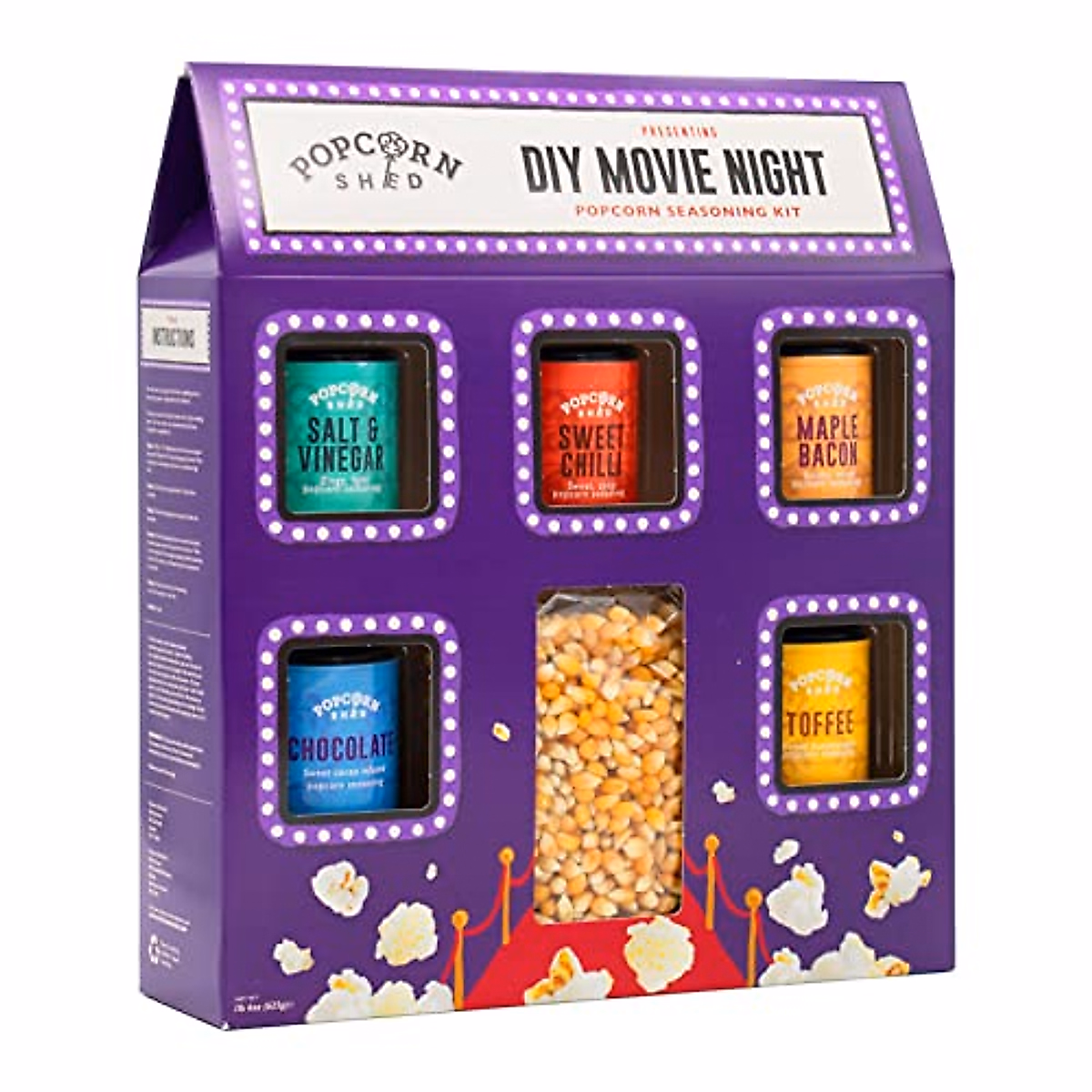 Popcorn Seasoning Kit, Make Your Own Popcorn, Five Delicious Popcorn Seasonings Set + 18oz Popcorn Kernels, Vegan and Gluten Free - Movie Night Gift - Imported from the UK - British Candy from England