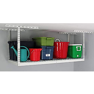 SafeRacks 2x6 Adjustable Overhead Garage Storage Rack, Heavy-Duty Steel Overhead Storage Rack with 300 lb Weight Capacity, Height Adjustable Garage Storage Organization System, White (24"-45")