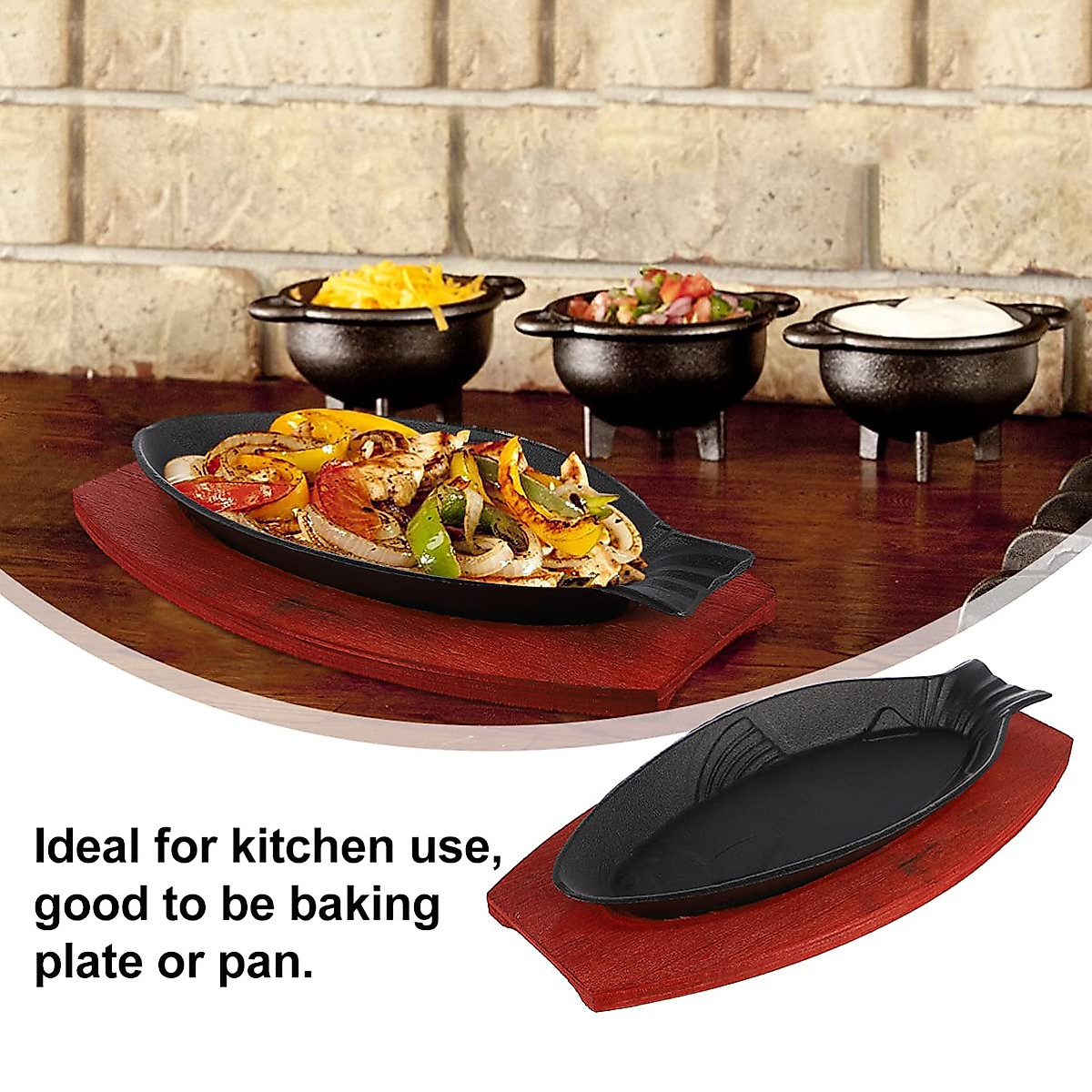 DOITOOL Small Cast Iron Skillet with Wooden Base, Creative Fish-Shaped Japanese Steak Plate Set for Restaurant Home Kitchen Cooking Pan Grilling Meats Seafood