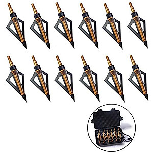 PG1ARCHERY 12 Pack 3 Fixed Blade Archery Hunting Broadheads 100 Grain with Case Arrow Head Screw-in Tips for Compound Bow & Crossbow (Golden)