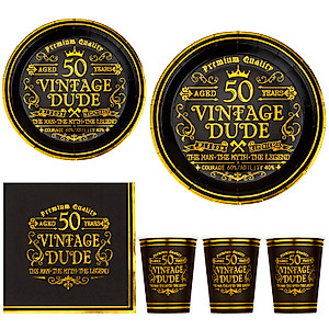 Crisky Aged 50 Years Vintage Dude Napkins Plates Cups Disposable Tableware Set of 24 for Men 50th Birthday Party Decorations Black Gold (9" Plates,7" Plates, Luncheon Napkins, 9oz Cups)