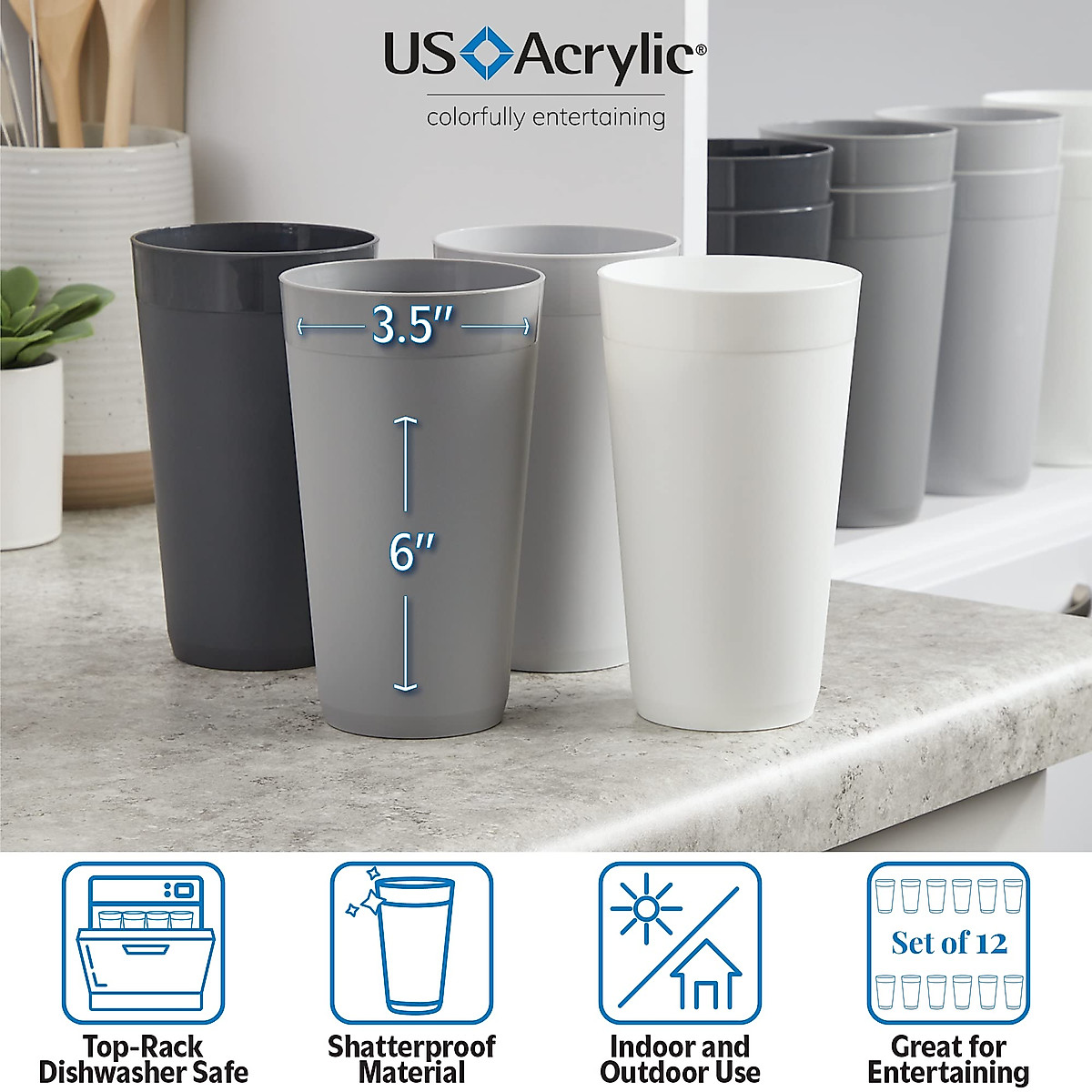 US Acrylic Newport 20 ounce Unbreakable Plastic Stackable Water Tumblers in Grey Stone | Set of 12 Drinking Cups | Reusable, BPA-free, Made in the USA, Top-rack Dishwasher and Microwave Safe