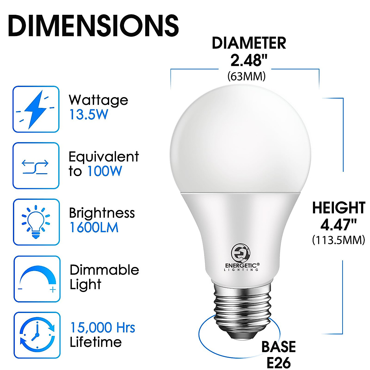 Energetic 12-Pack A19 LED Bulb 100W Daylight 5000K Dimmable Light Bulbs, 13.5W 1600lm CRI80+, 15000Hrs, UL Listed