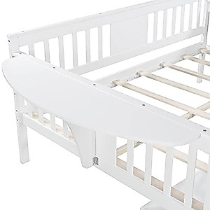 DNYN Full Size Daybed with Two Storage Drawers & Half-Moon Desk Design,Solid Pinewood Bedframe w/Safety Guardrails,Perfect for Dorm,Bedroom,Guest Room,Space-Saving,No Box Spring Needed, White
