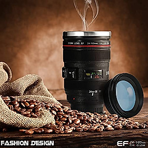 Camera Lens Coffee Mug, Lens Cups Non-BPA Stainless Steel Tumbler Leakproof Travel Mug Tea Water Bottle with Lid and Spoon - EF24-105mm f/4.0 USM Cano Lens Mug (Black)
