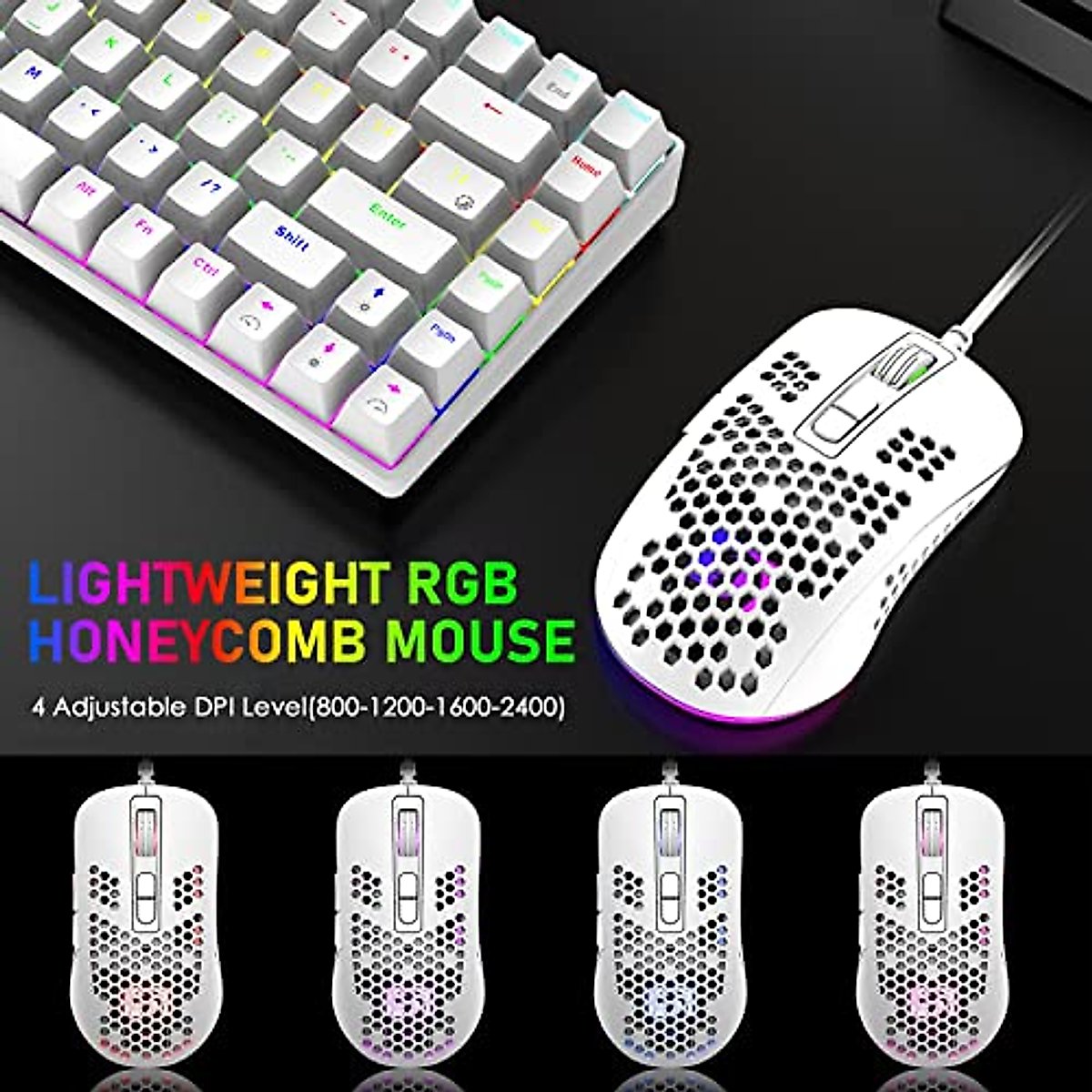 Mechanical Gaming Keyboard and Mouse Combo with 20 Rainbow Backlight 84 Key Anti-ghosting Ergonomic Waterproof Type-C Wired 2400 DPI Honeycomb Mice for PC Mac Gamer Computer Typist(White/Blue Switch)