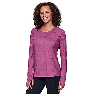 RBX Activewear Long Sleeve Running Top for Women, Lightweight Space Dye Buttery Soft Yoga Tee with Thumbholes Heathered Berry Wine L
