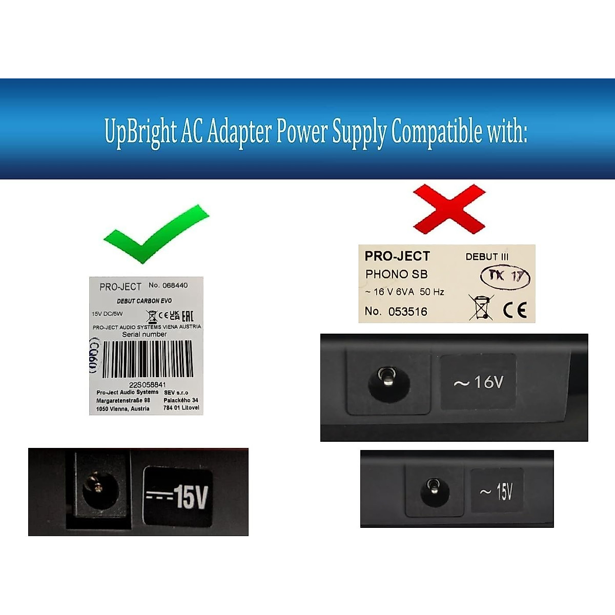 UpBright DC15V AC-DC Adapter Compatible with Pro-Ject Audio Debut Carbon Turntable T1 HP BTX RPM 1 3 5 2M Red 2 Xpression Essential II Phono SB USB OM10 124947 049711 Houseplant Cartridge OM 5e Player