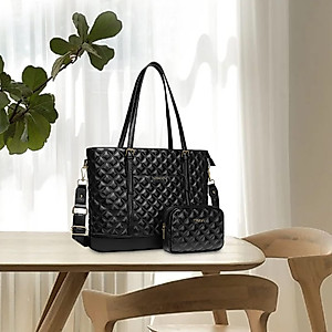 MOSISO Laptop Tote Bag for Women, 15.6 inch Briefcase Computer Bag Compatible with MacBook, HP, Dell, Asus Notebook, 16 inch Large Capacity Rhombus Quilted Leather Laptop Bag with Small Purse, Black