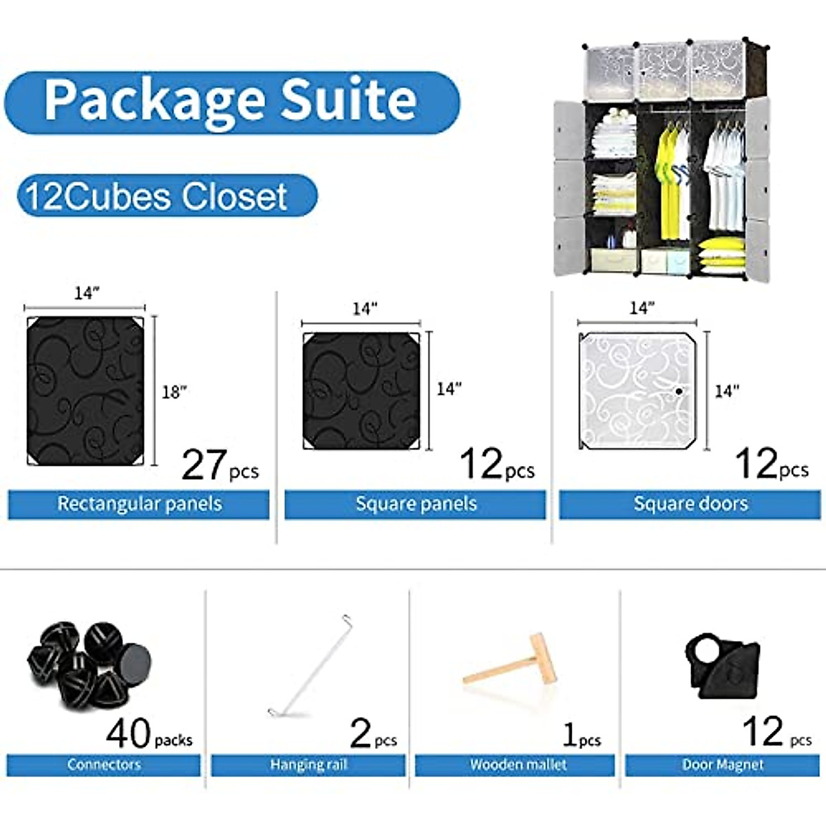 BRIAN & DANY Portable Wardrobe Closet - Cube Storage Organizer with 2 Hanging Rails, Modular Wardrobe for Space Saving, Bedroom Armoires for Toys, Shoes, Clothes - 12 Cubes