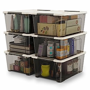 WYT Small Clear 5-Quart Plastic Storage Container Bin with Khaki Secure Lid and Black Latch Buckles, Durable Stackable Nestable Organizin, 6-Pack