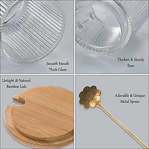 HUAHANGNA Vintage Coffee Glass Mugs for Beverage - Ribbed Short Latte Cups Set of 4, Clear Tea Cup with Bamboo Lid and Spoon, Dessert, Pudding, Ice Cream, Yogurt, Cappuccino, Espresso cup