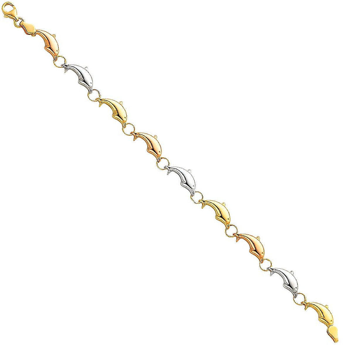 Wellingsale 14k Tri 3 Color Gold Polished Stampato Dolphin Bracelet with Lobster Claw Clasp - 7.25"