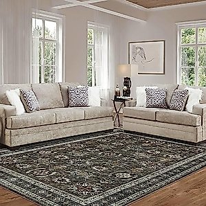 8x10 Area Rugs for Living Room: Large Machine Washable Rugs with Non-Slip Backing Non-Shedding Stain Resistant, Vintage Floral Carpet for Dining Room Bedroom Nursery Home Office - Gray/Black