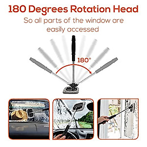 Trobo Windshield Cleaning Tool, Extendable Handle Interior Exterior Glass Pivoting Car Window Cleaner Wand Wiper Kit with 3 Washable Reusable Microfiber Cloths & Bonus Spray Bottle, Durable Material