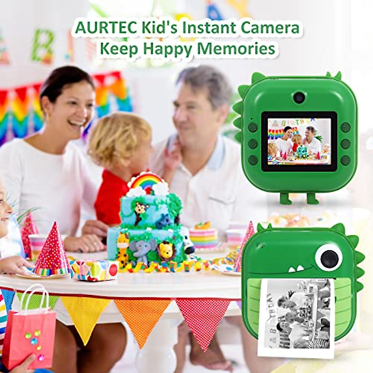 AURTEC Instant Camera for Kids, Mini Thermal Printing Camera, No Ink Required, 48MP Dual Camera,1080P HD Video, 32G TF Card, 3 Print Paper, 2.4 Inch Color Screen, Cute Animal Cartoon Design, Dinosaur