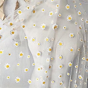 59" Width Tulle Lace Fabric Daisy Flower Print Fabric for for DIY Dress Costume Design Accessories Flower Girl Women Gown Wedding Dress Home Decor (3 Yard, White)