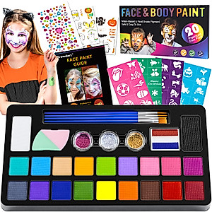 Drawdart Face Painting Kit for Kids - 20 Colors Water Based Non Toxic Face Paint Kit, Professional Face Paint for Kids with Stencils & Brushes - Parties, Birthdays, Halloween Face Body Makeup Kit