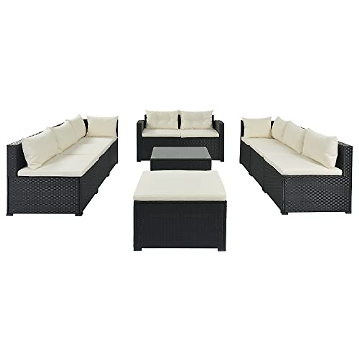 EPOFIT 9 Pieces Wicker Patio Furniture Sets, All-Weather Outdoor Sectional Couch, PE Rattan Patio Sofa Conversation Sets with Cushions and Glass Top Table, Black & Beige