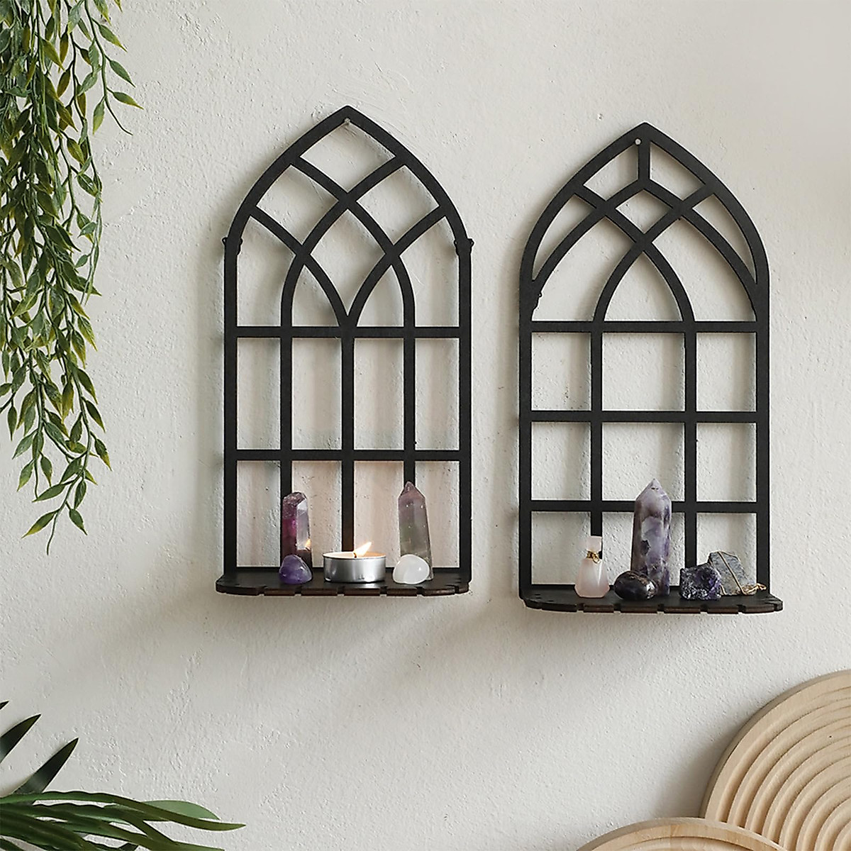 Vintage Hollowed Window Frame Wall Shelf Wood Black Crystal Display Stand Plant Holder Hanging Shelves For Home Decors
