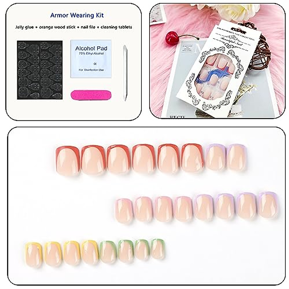 Square Press on Nails Extra Short Cute Rainbow Color French Tip Nails Acrylic False Nails with Designs Artificial Nails Press ons Reusable Glue on Nails for Women and Girls 24 Pcs