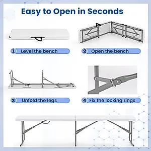 Tangkula 6 FT Plastic Folding Bench, Foldable Bench Seat with Carry Handle, Non-Slip Mat, Indoor & Outdoor HDPE Portable Outdoor Bench for Soccer Sports Picnic Camping, White