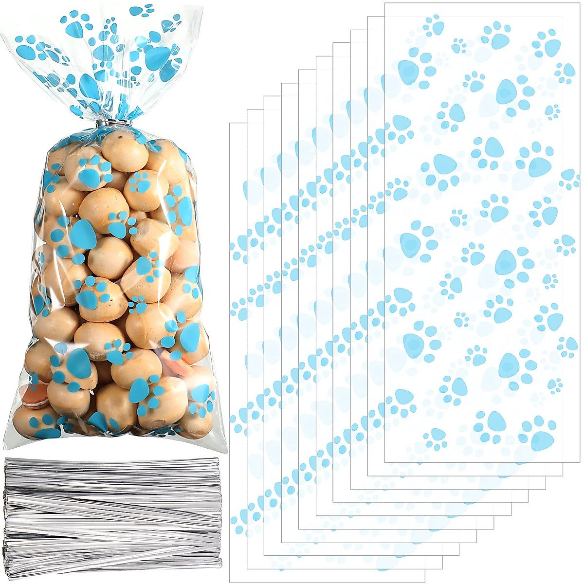 200 Pieces Pet Paw Print Cellophane Bags Dog Party Favor Bags Heat Sealable Treat Bags Dog Paw Gift Bags Cat Candy Bags with 200 Pieces Silver Twist Ties for Pet Treat Party Favor (Blue)