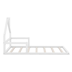 Floor Bed for Kids, Twin Size Montessori Bed with House Shape Headboard and Railings, Wood House Bed with Slats for Boys Girls, Low to Ground Height, No Box Spring Needed, White